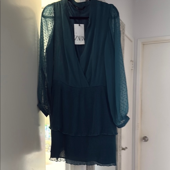 Zara | Dresses | Zara Teal Dress With Sheer Sleeves | Poshmark